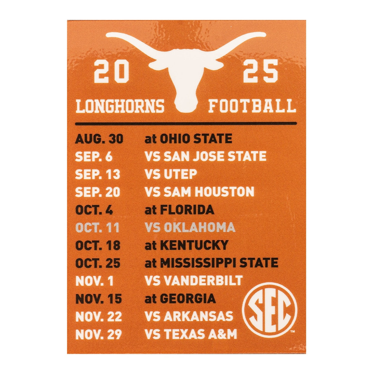 Texas Longhorns 2025 SEC Football Schedule Magnet – University Co-op